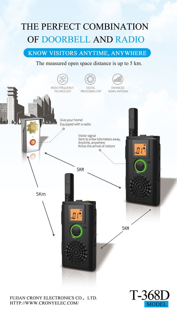 CRONY 1W T-368D Doorbell Walkie Talkie Two Way Radio Professional FM T ...